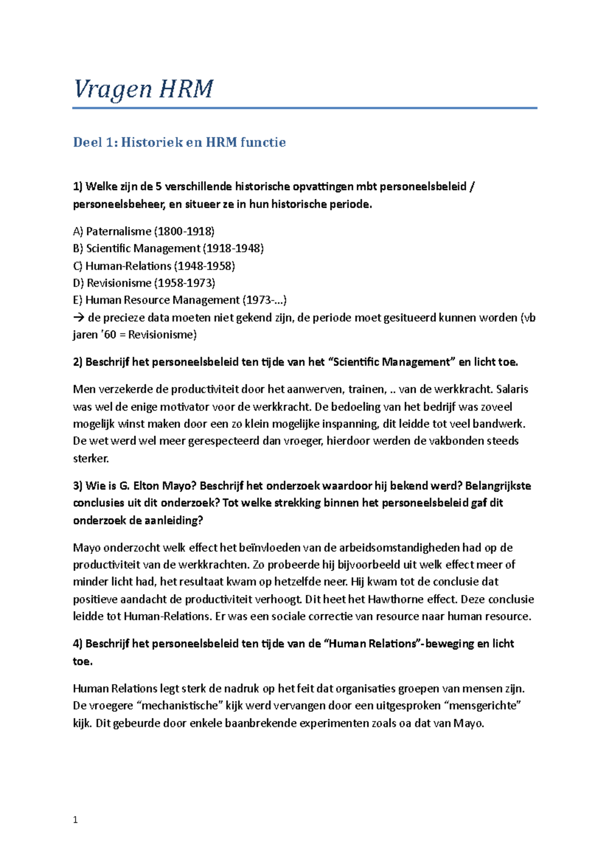 Samenvatting, Human Resource Management, Deel 1-10, Mogelijke ...
