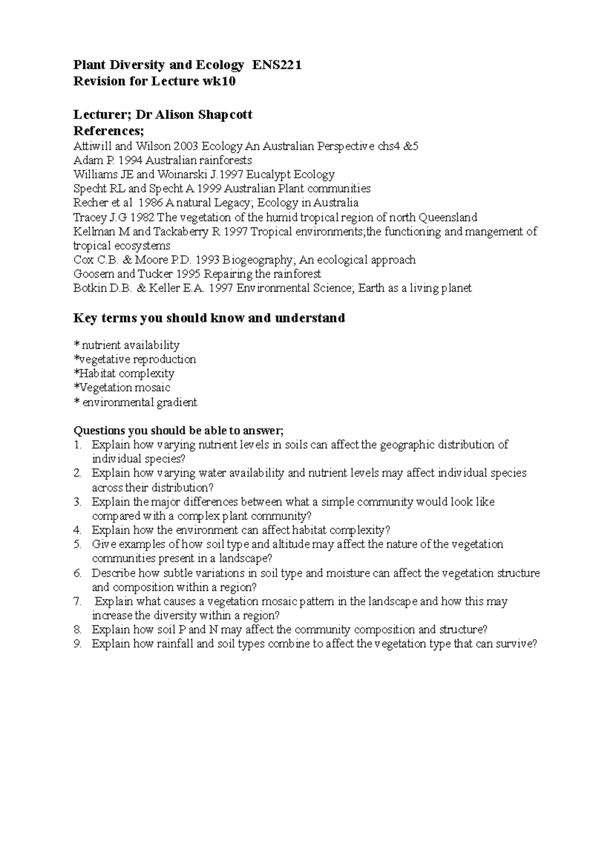 Revisonlecture 10 - Lecture notes 10 - Plant Diversity and Ecology ENS ...