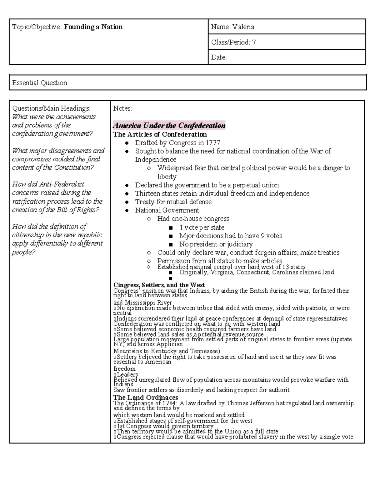 Chapter 7 - Cornell Notes - Topic/Objective: Founding a Nation Name ...