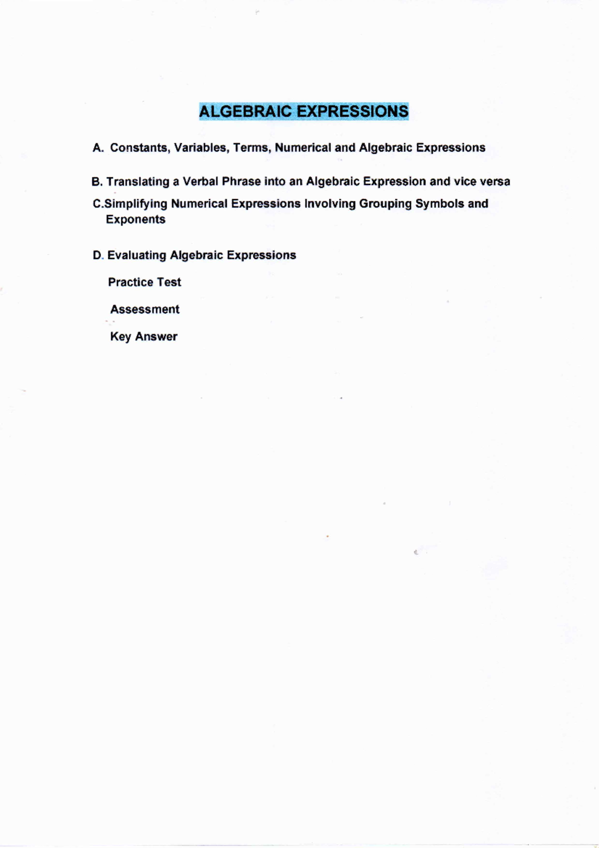 Definition of Algebraic Expressions, Translating and Evaluating ...