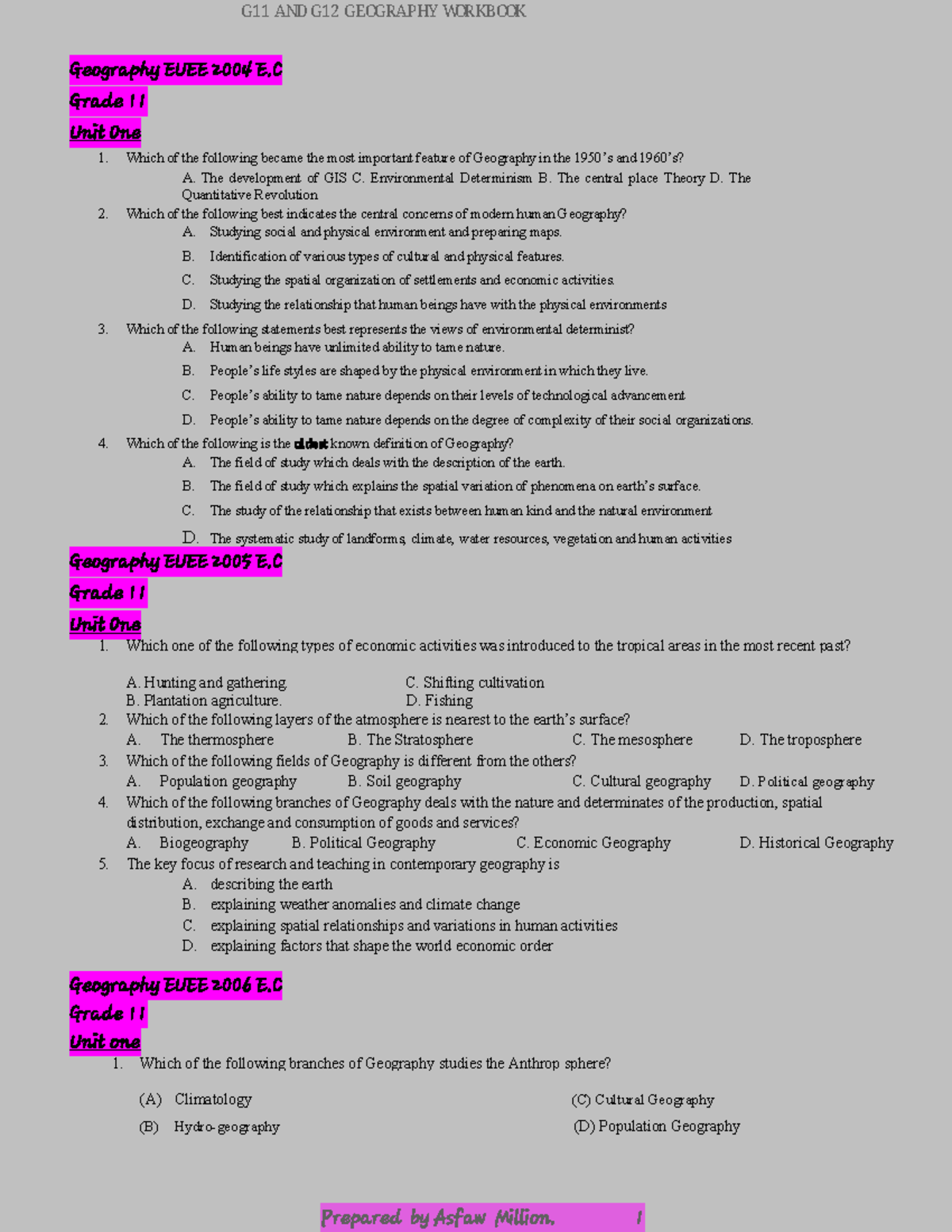 11 & 12 Geography Exam - GeographyEUEE2 004 E Grade 11 UnitOne - Studocu