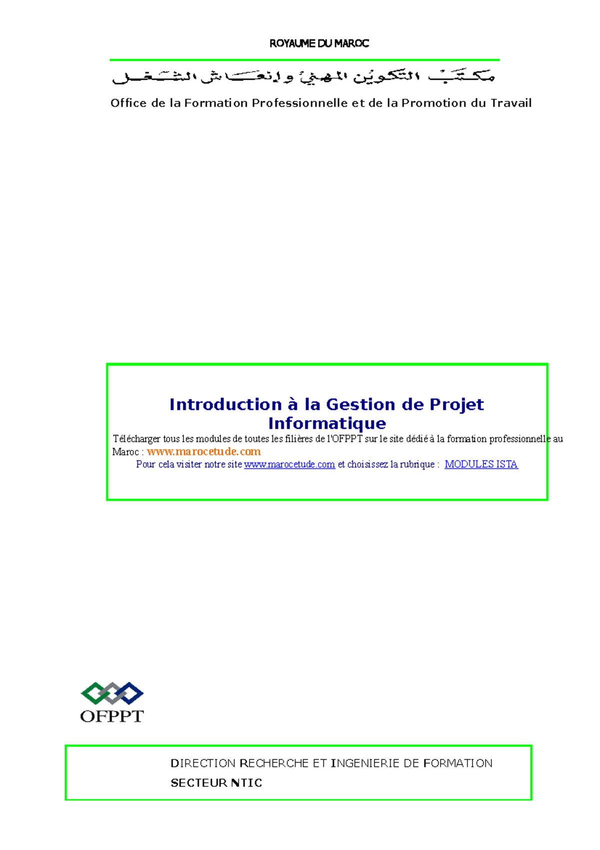 C 1 001 Introduction a la Gestion de Projet - ####### ROYAUME DU MAROC ...