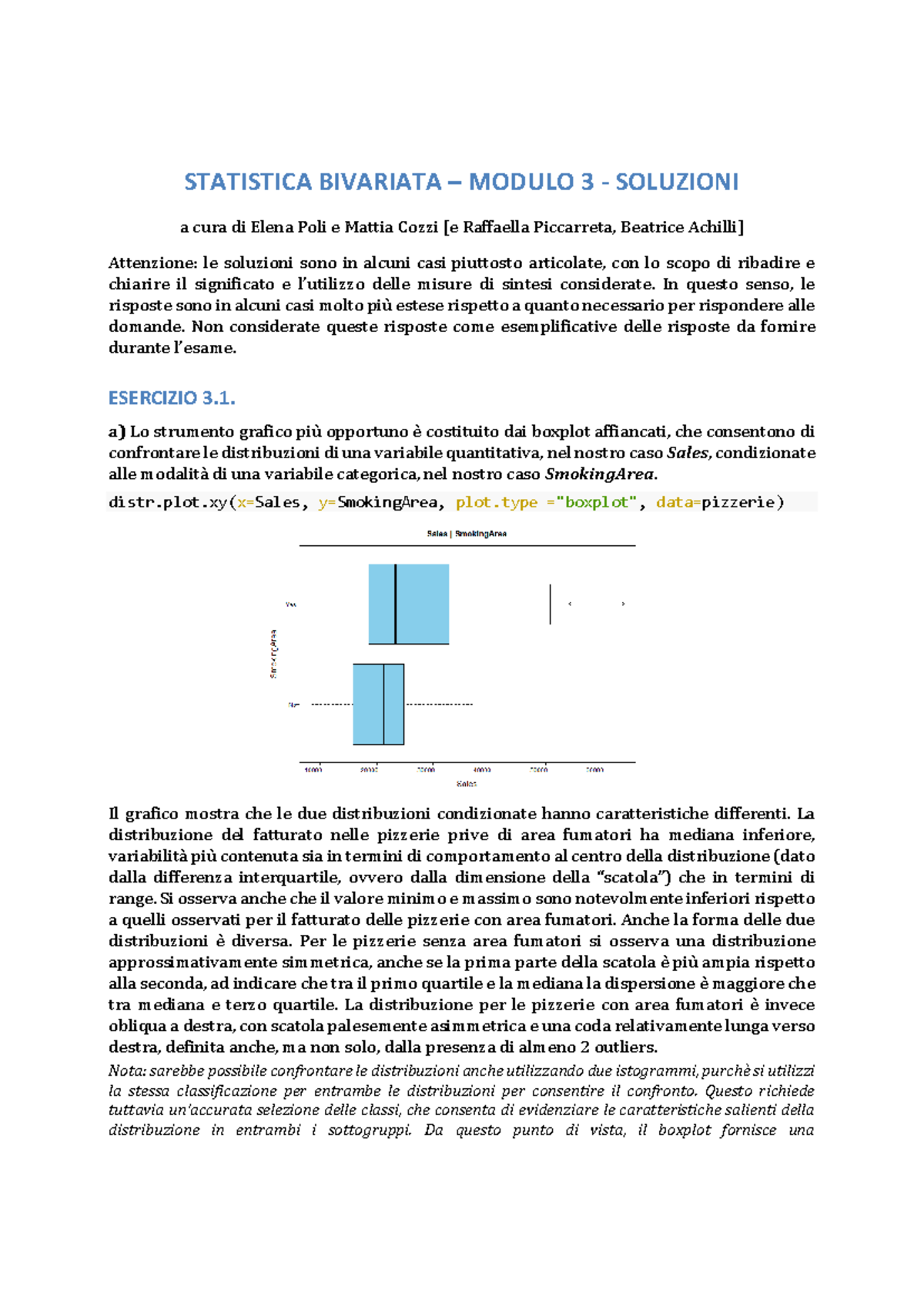 Esercizi per studio autonomo Modulo 3 Soluzione - STATISTICA BIVARIATA – MODULO 3 ‐ SOLUZIONI a ...