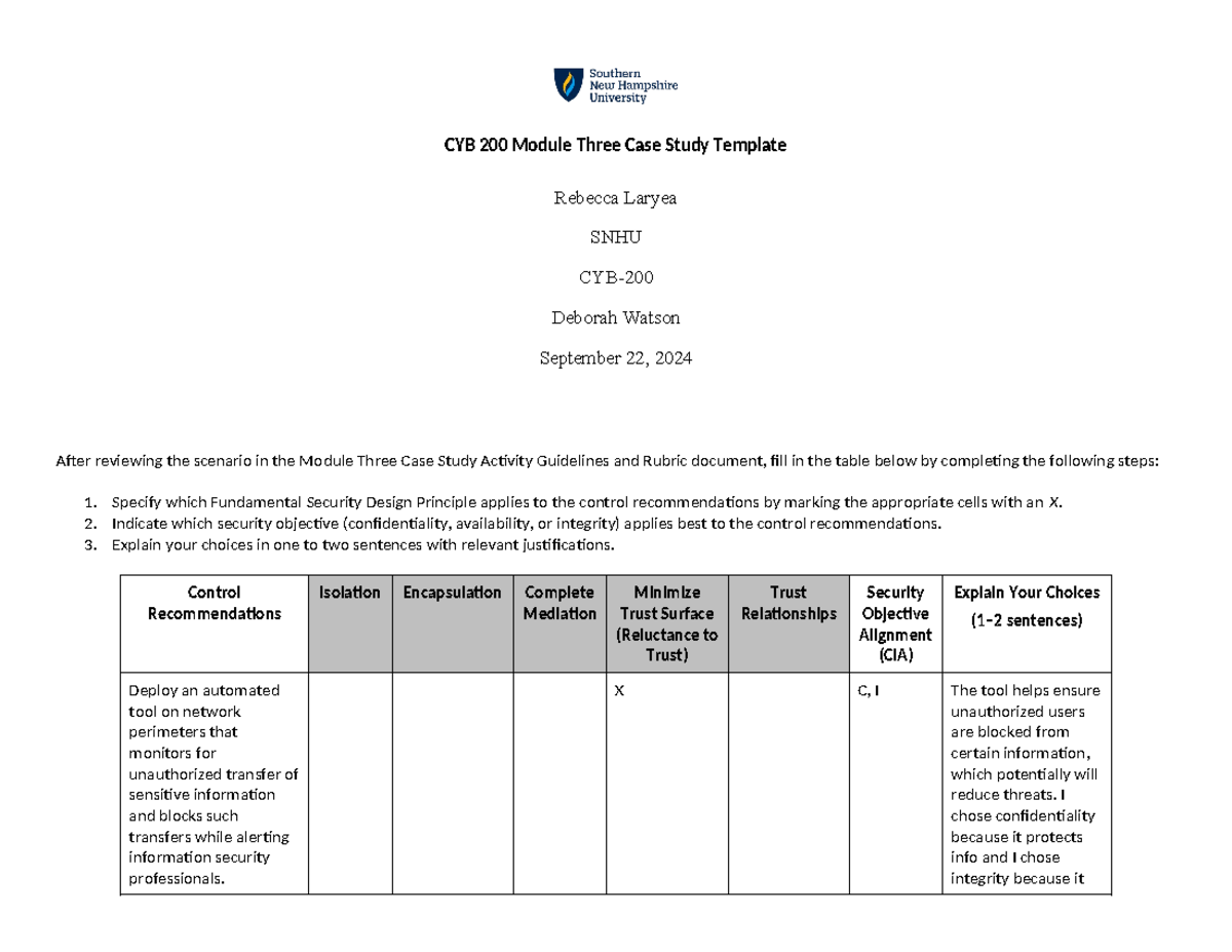 CYB 200 Module Three Case Study - Specify which Fundamental Security ...