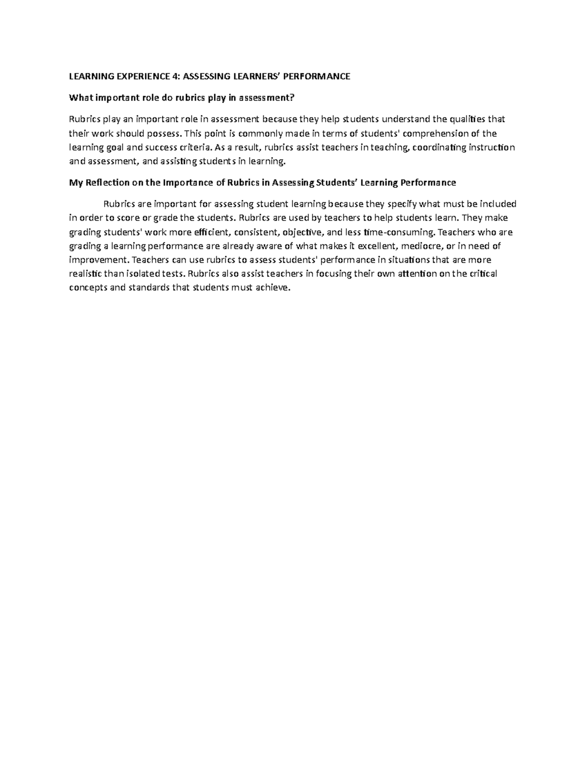 Assessing Learners’ Performance - LEARNING EXPERIENCE 4: ASSESSING ...