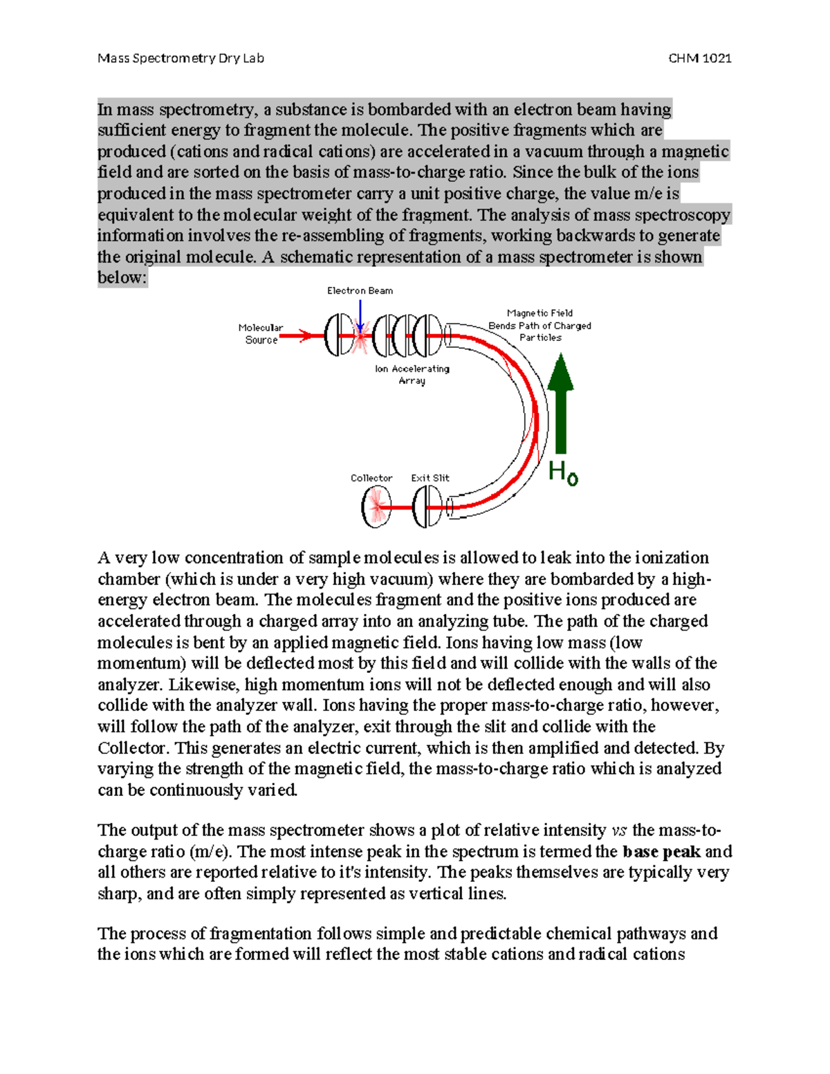 Mass Spectroscopy-Dry-Lab - In mass spectrometry, a substance is ...