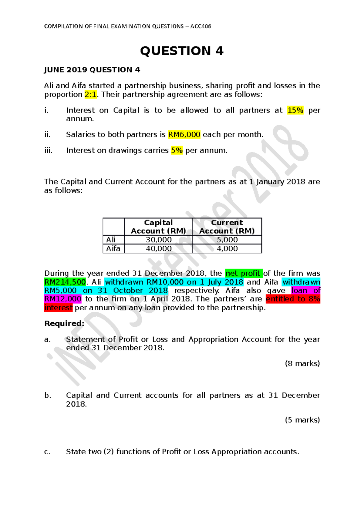 ACC406 Question 4 - QUESTION 4 JUNE 2019 QUESTION 4 Ali and Aifa ...