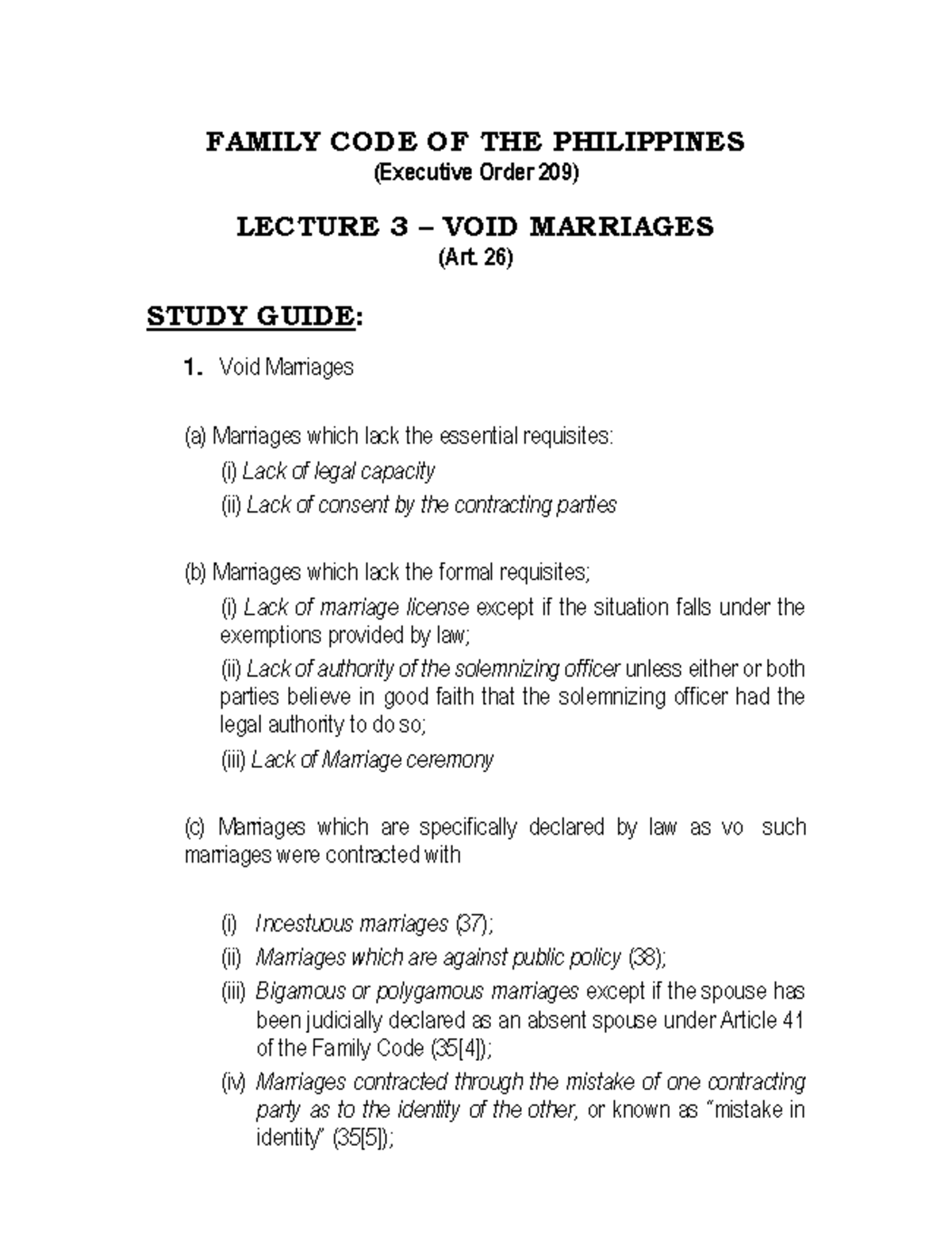 Famil Code Study Guide 3 - FAMILY CODE OF THE PHILIPPINES (Executive ...