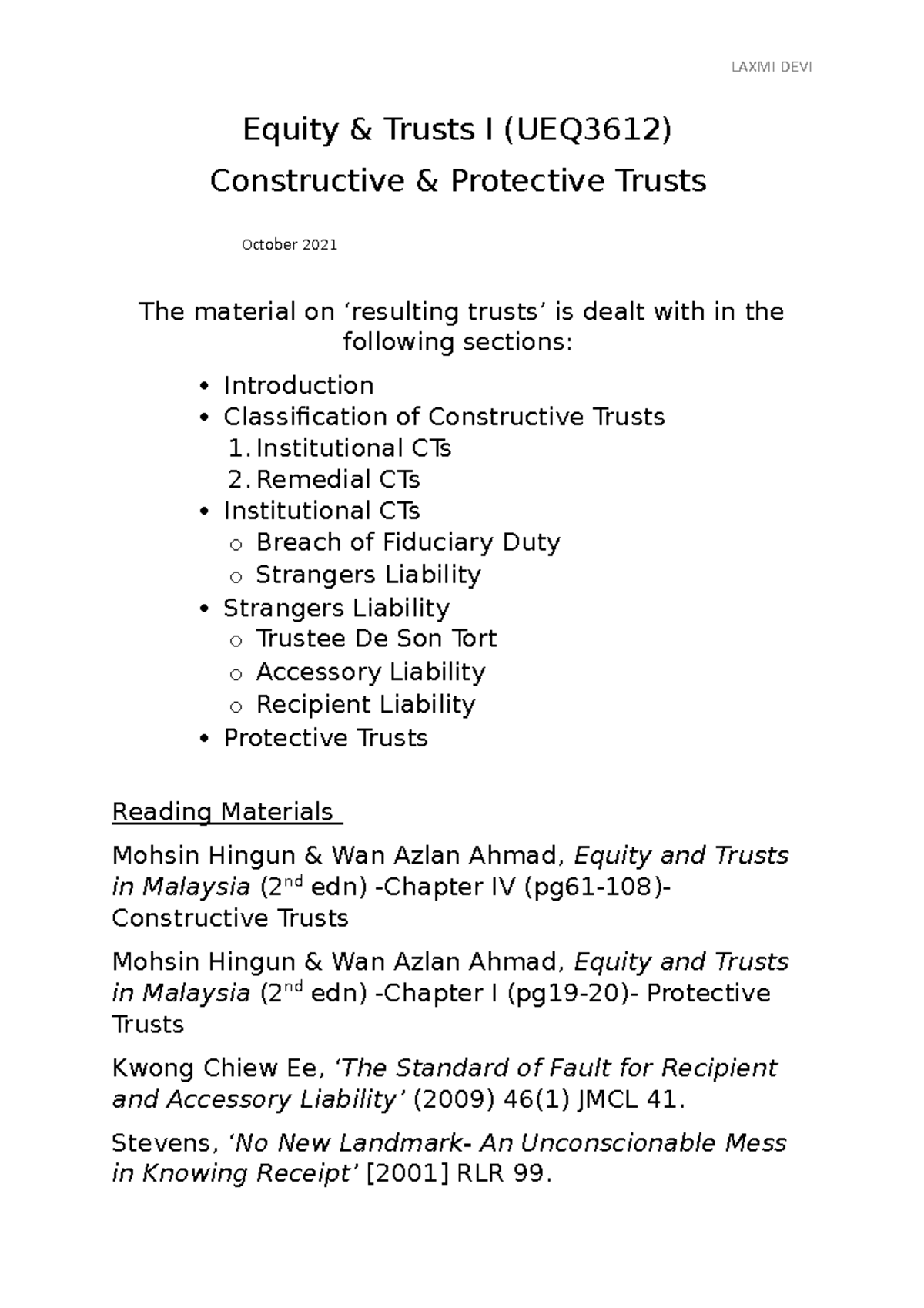 388070 Construtive & Protective Trusts Handout - Equity and Trust I ...