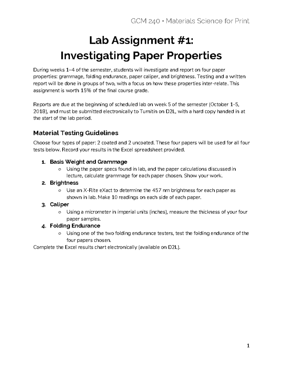 Lab Assignment 1 – Investigating Paper Properties - GCM 240 • Materials ...