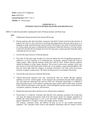 Exercise NO .1 ( Introduction to Anatomy) - Name: Lianna Jel B. Maglanque Date: 06/09/ - Studocu