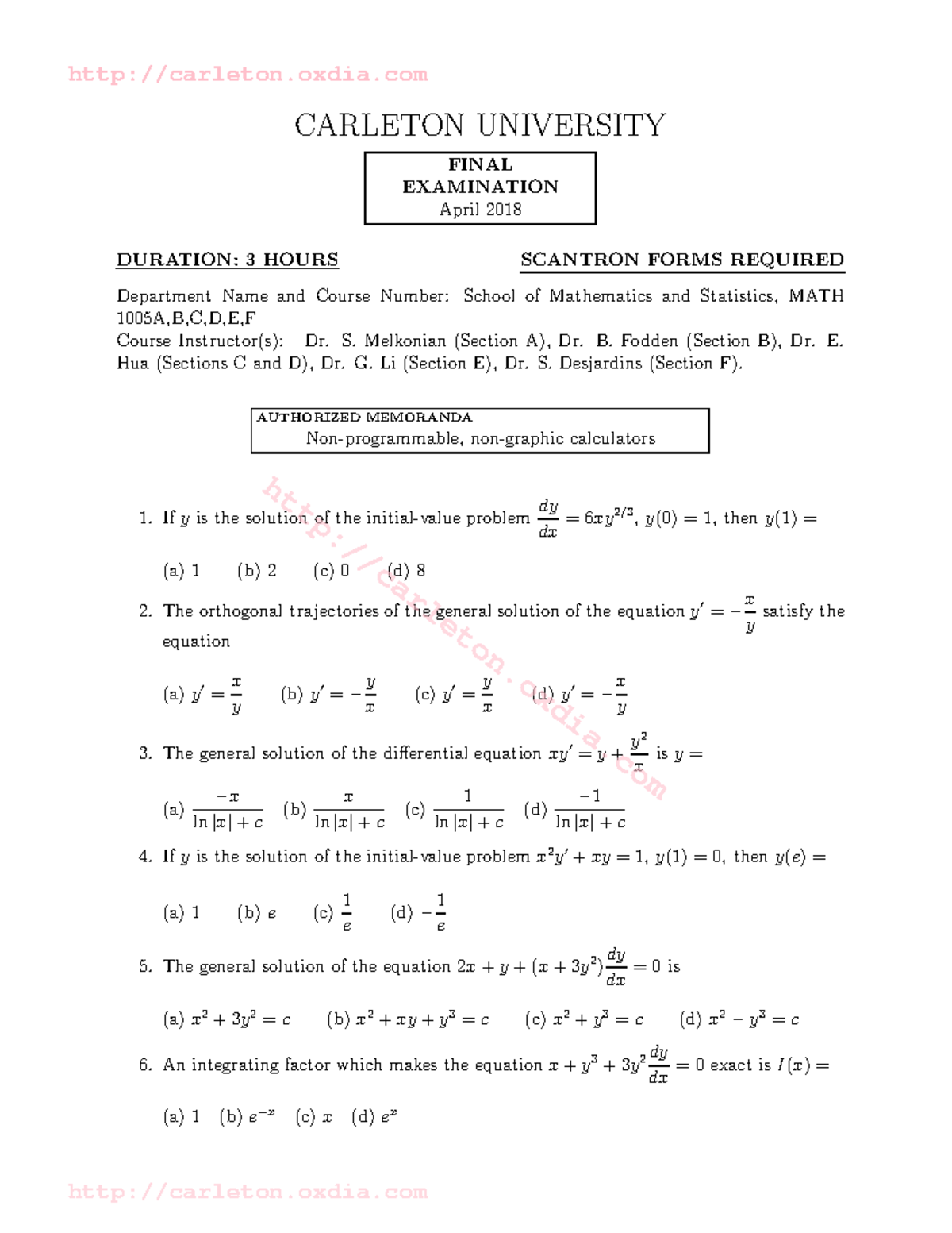 File - this is the math 1005 2018 final exam - CARLETON UNIVERSITY FINAL EXAMINATION April 2018 ...