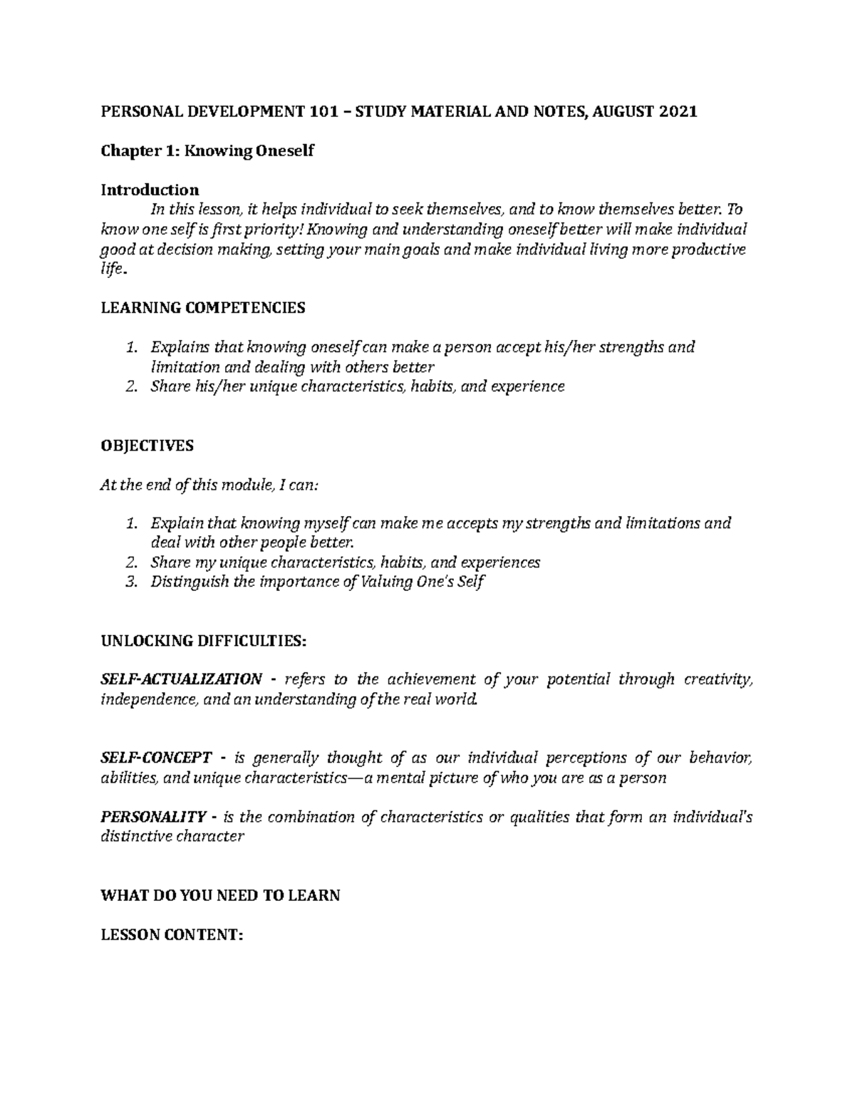 Personal Development 101 Chapter 1 - PERSONAL DEVELOPMENT 101 – STUDY ...