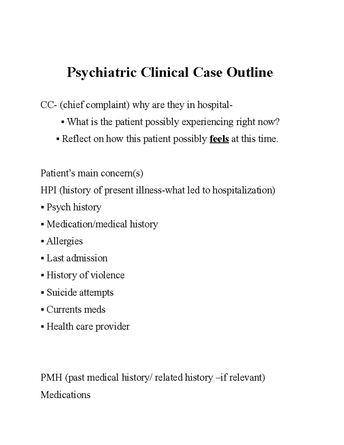 Case Outline Mental Health - Psychiatric Clinical Case Outline CC ...