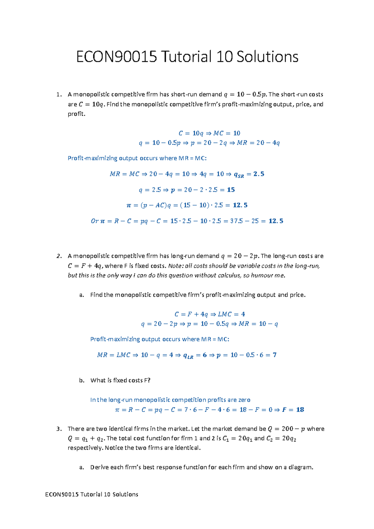 ECON90015 Week 10 Tutorial Solutions - ECON90015 Tutorial 10 Solutions ...