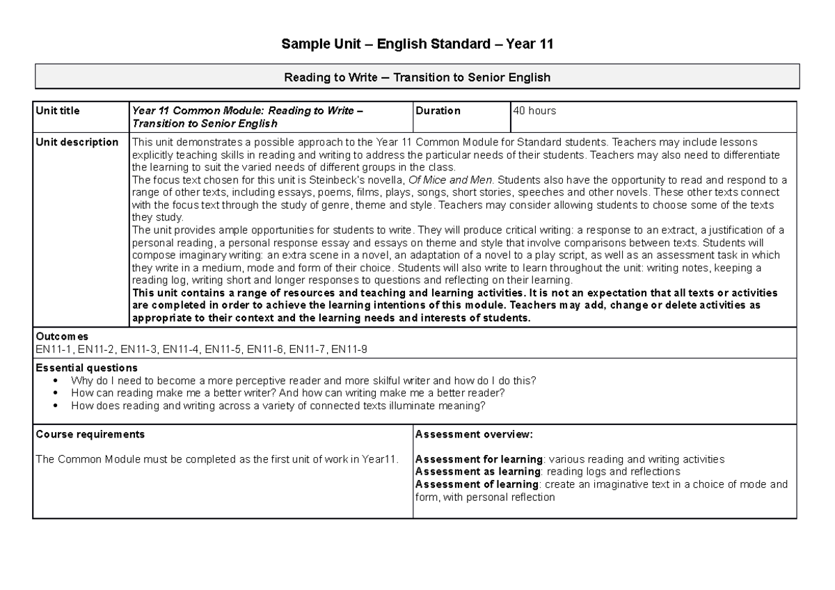 English standard stage 6 year 11 support material unit reading to write ...
