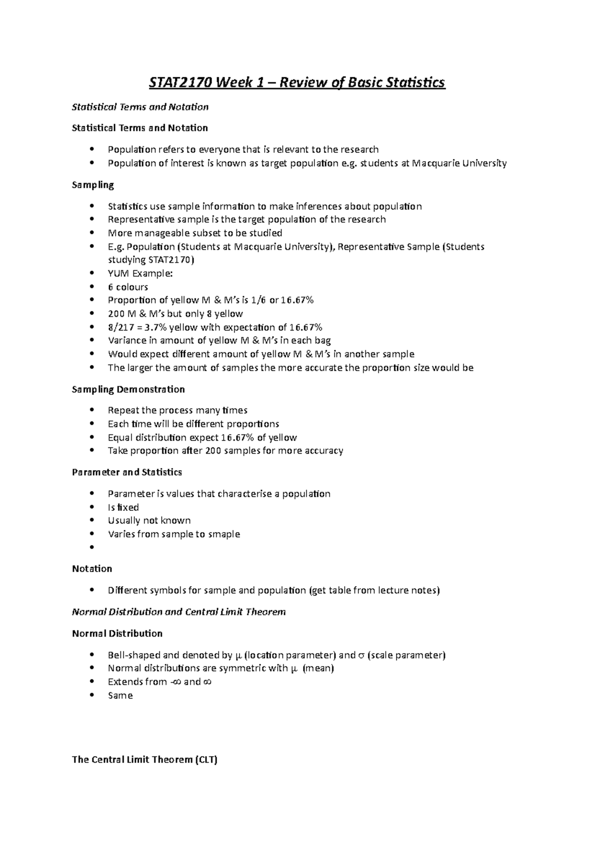Week 1 - Review of Basic Statistics - STAT2170 Week 1 – Review of Basic Statistics Statistical ...