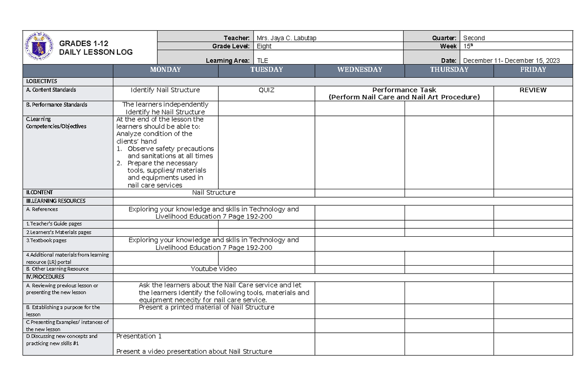 Daily Weekly-Learning-Plan (Grade 8 ) Dec 11 - 15 - GRADES 1- DAILY ...