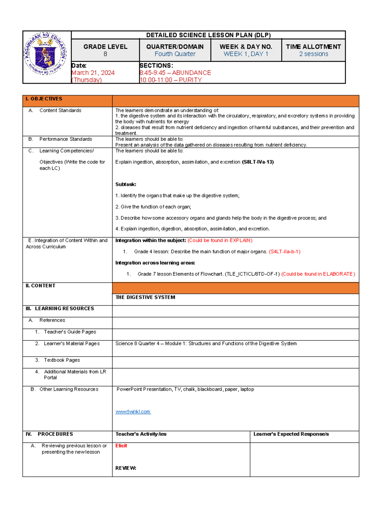 Digestive System - LESSON PLAN IN SCIENCE 8 - DETAILED SCIENCE LESSON ...