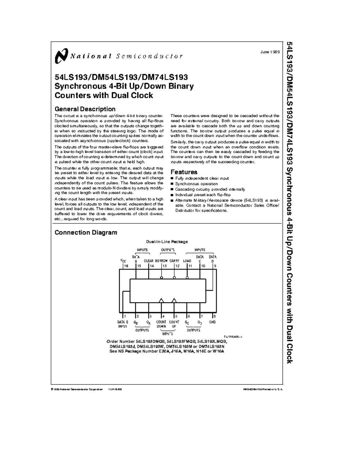 74LS193 - TL/F/ 54LS193/DM54LS193/DM74LS193 Synchronous 4-Bit Up/Down ...