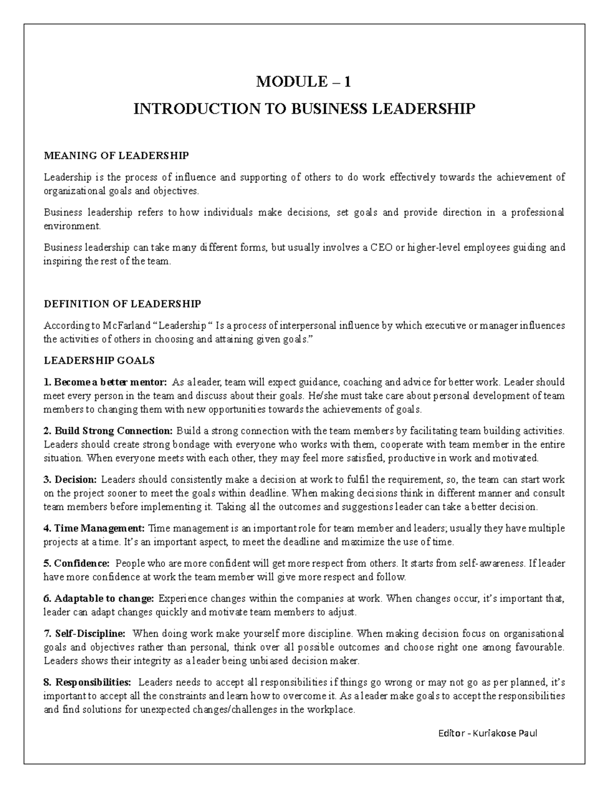 Module 1-1 - Summary BSBMGT605 Provide Leadership Across the ...