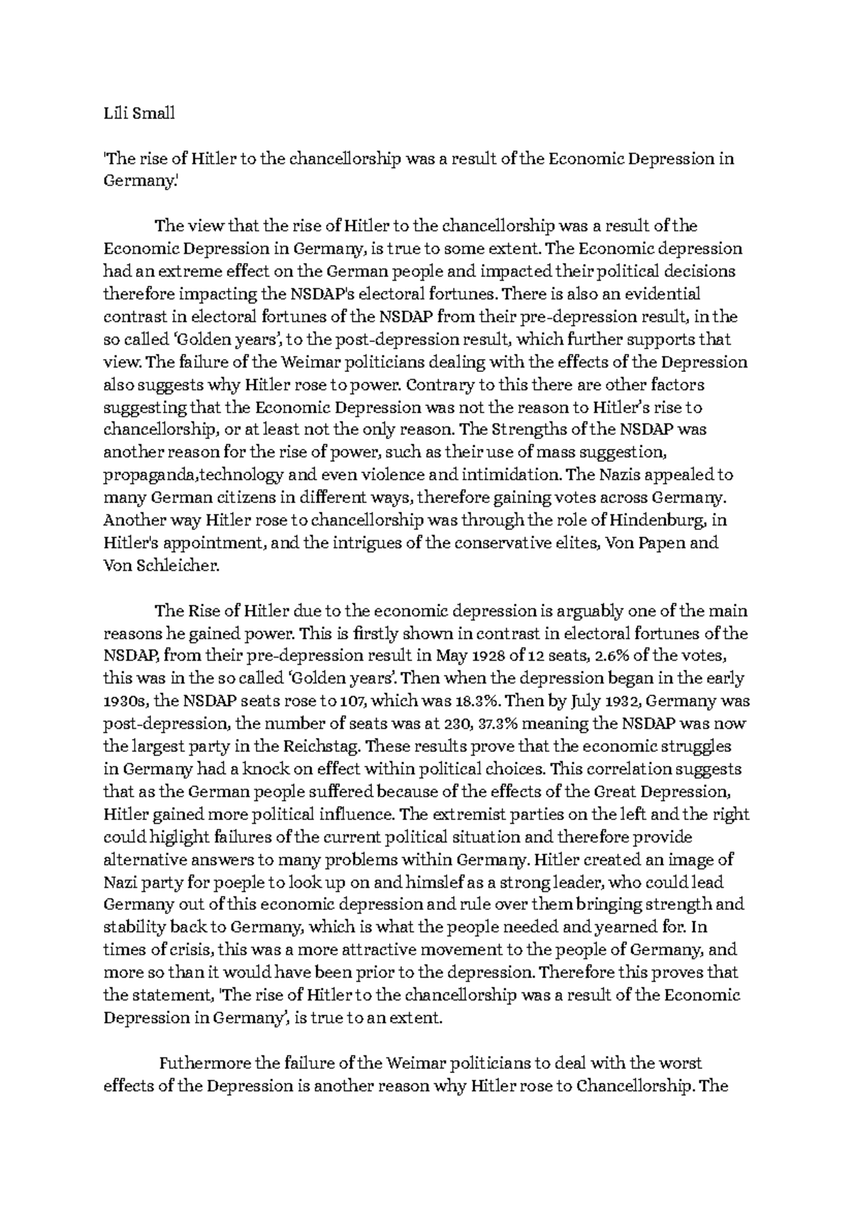 'The rise of Hitler to the chancellorship was a result of the Economic ...