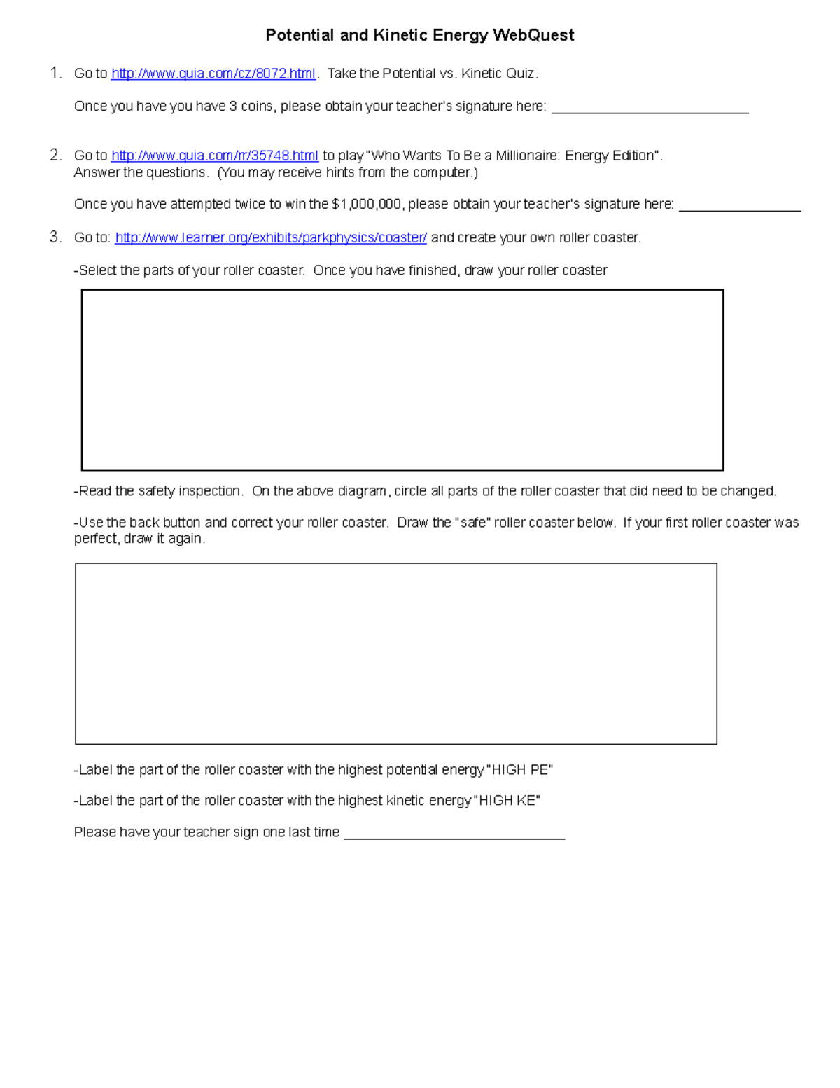 Potential and kinetic energy webquest - Potential and Kinetic Energy ...