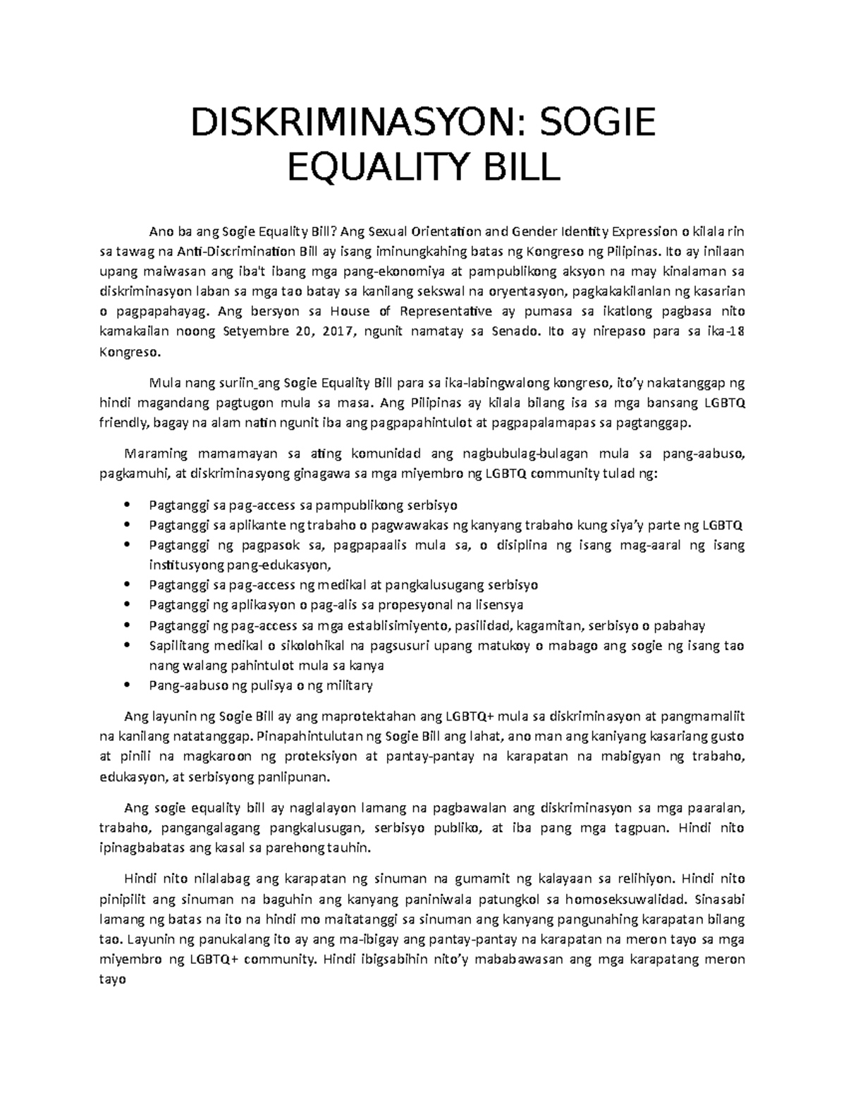 Diskriminasyon - All about Sogie Bill - DISKRIMINASYON: SOGIE EQUALITY ...