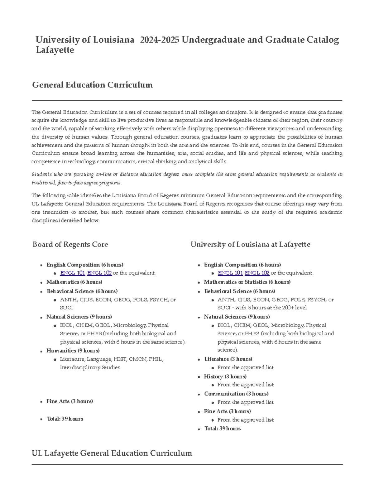 Program General Education Curriculum - University of Louisiana ...