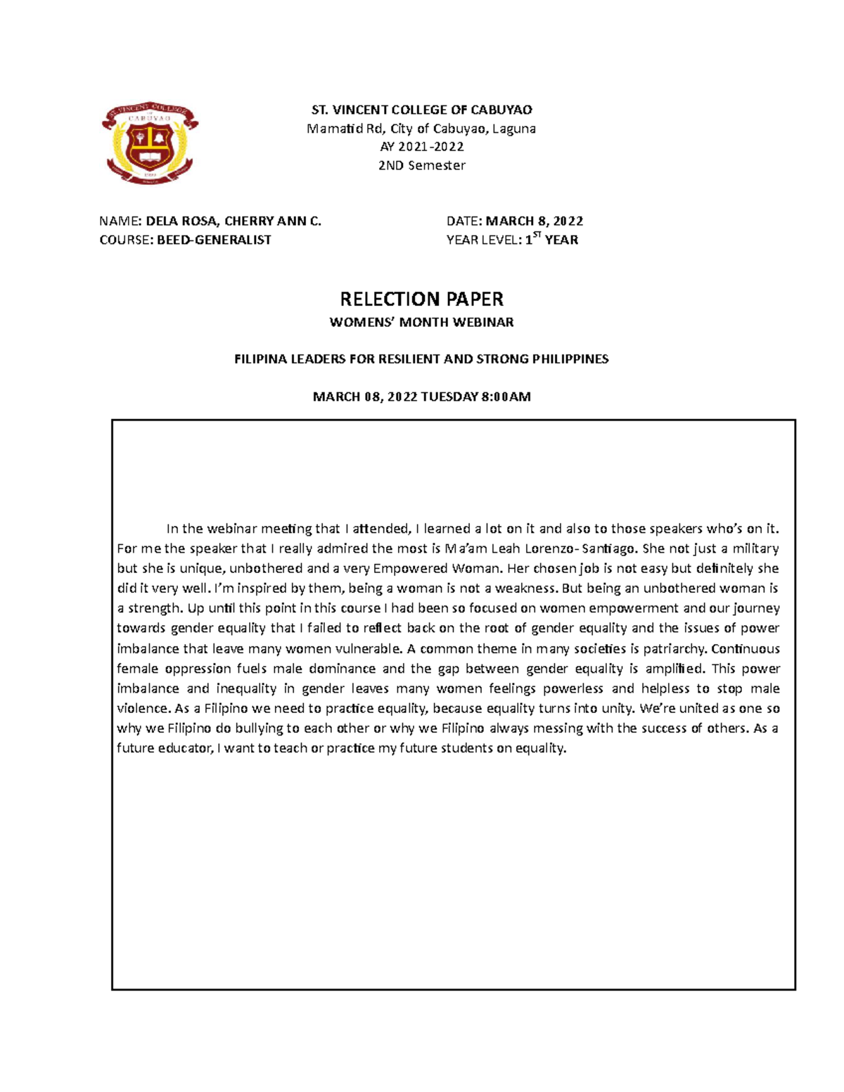 1ST YEAR-DELA ROSA, Cherry ANN- Webinar Reflection & Attendance - ST ...