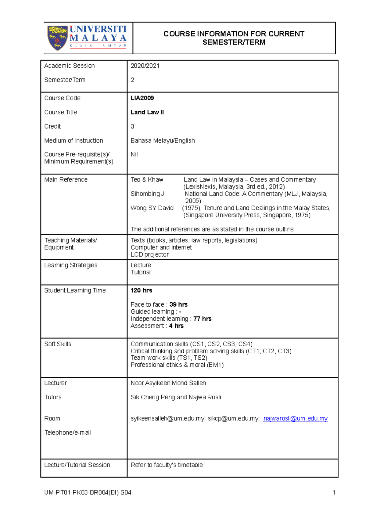 LIA 2009 Course Information - COURSE INFORMATION FOR CURRENT SEMESTER ...
