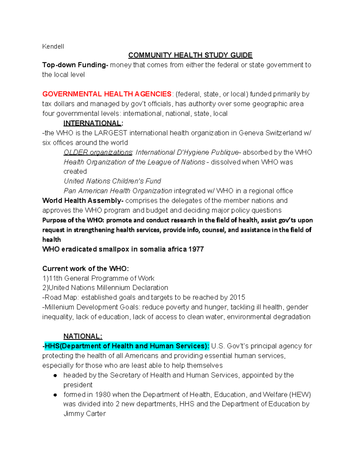 Community Health Test Studyguide - Kendell COMMUNITY HEALTH STUDY GUIDE ...