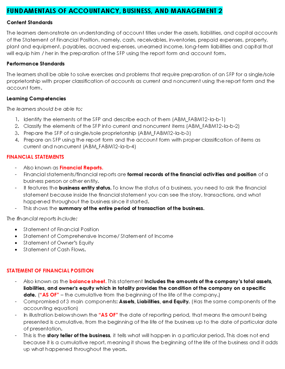 FABM-2- Reviewer - notes - FUNDAMENTALS OF ACCOUNTANCY, BUSINESS, AND ...