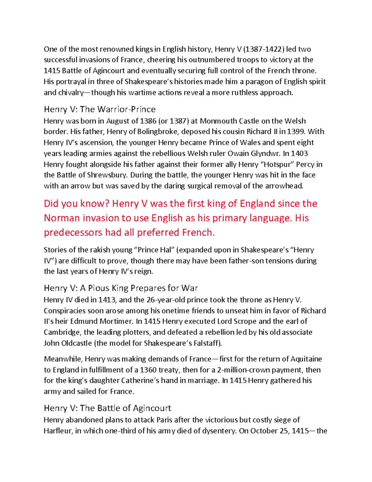 Henry The 5th Notes - One of the most renowned kings in English history ...
