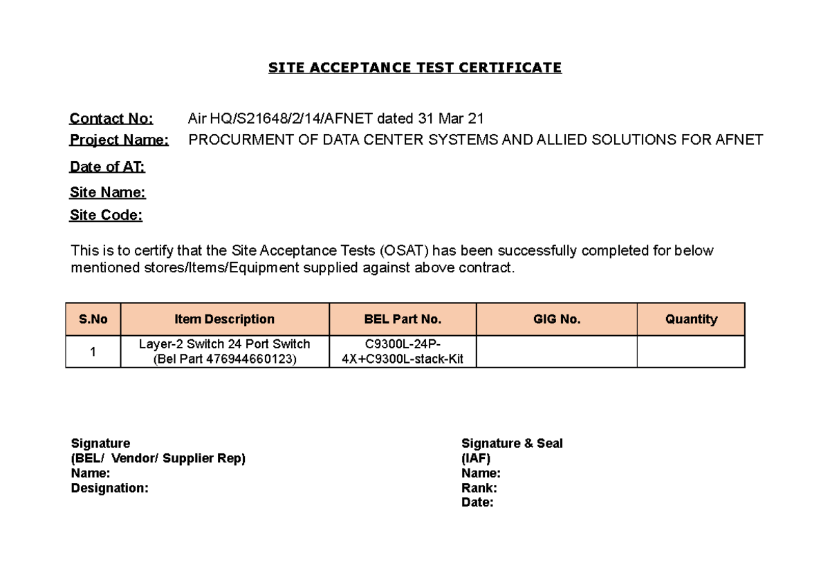 AT IC Certificate LCT 24 PORT SW - SITE ACCEPTANCE TEST CERTIFICATE ...