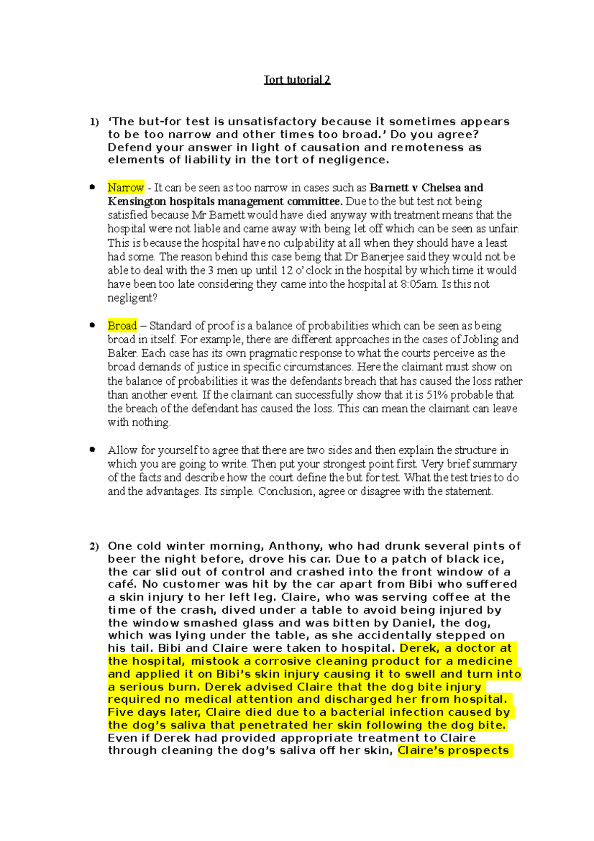 Tort tutorial 2 - ’ Do you agree? Defend your answer in light of ...