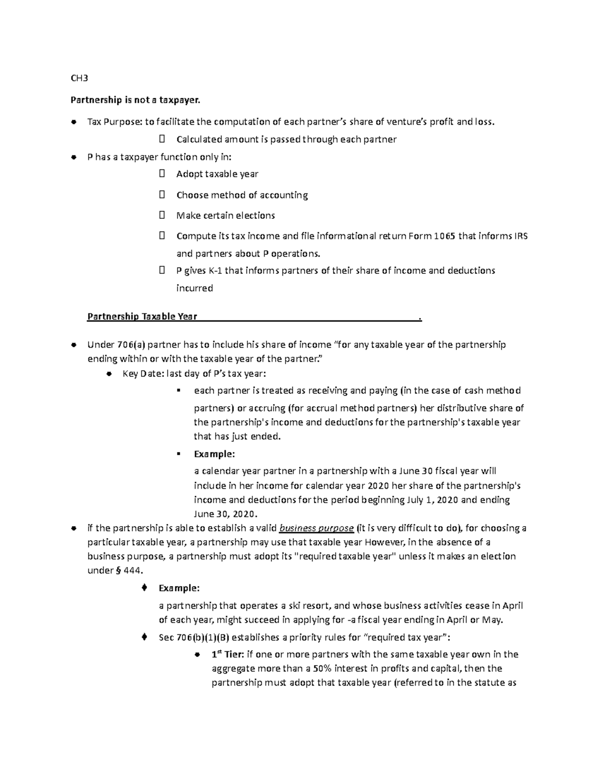 CH3 notes - CH Partnership is not a taxpayer. Tax Purpose: to ...
