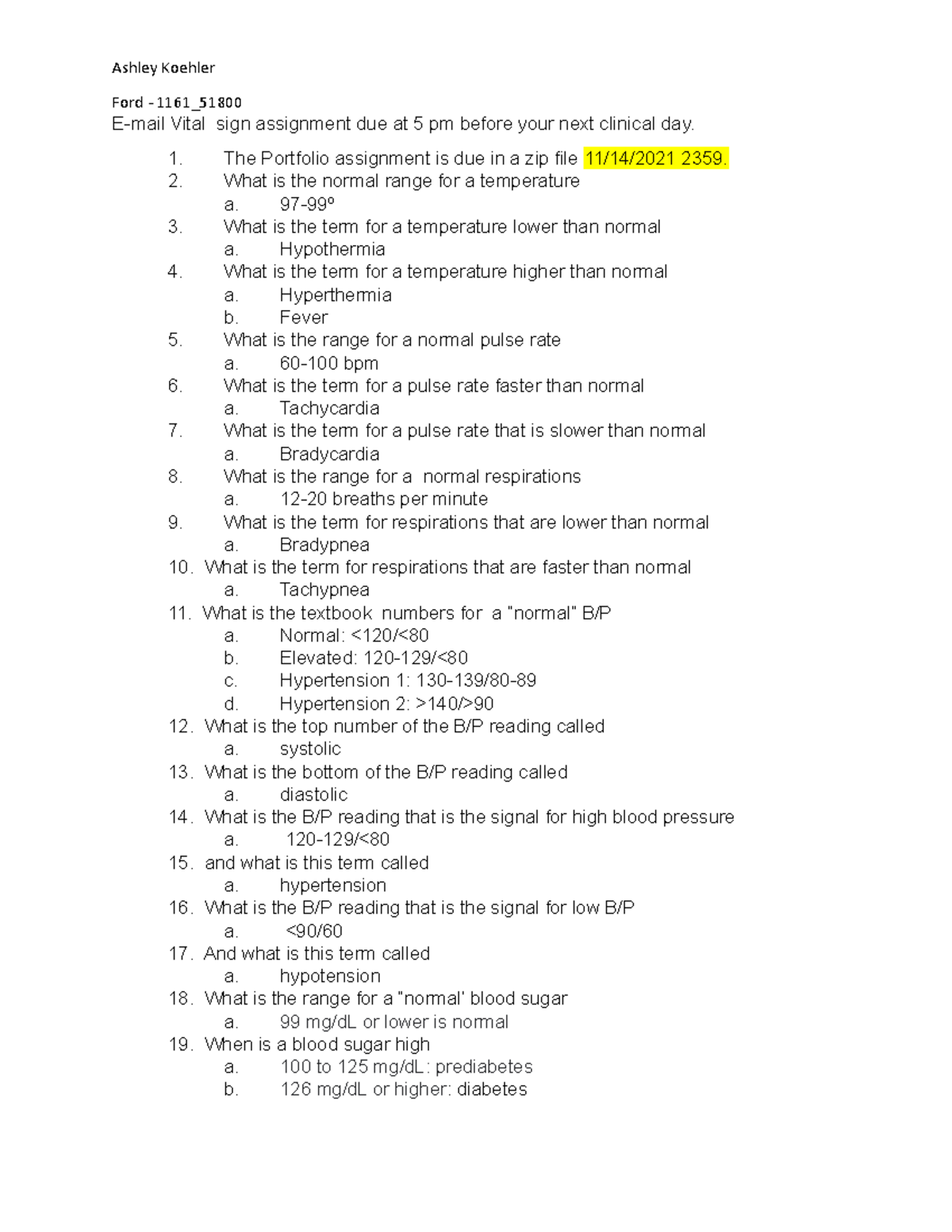 Vital Sign Assignment - The Portfolio assignment is due in a zip file ...