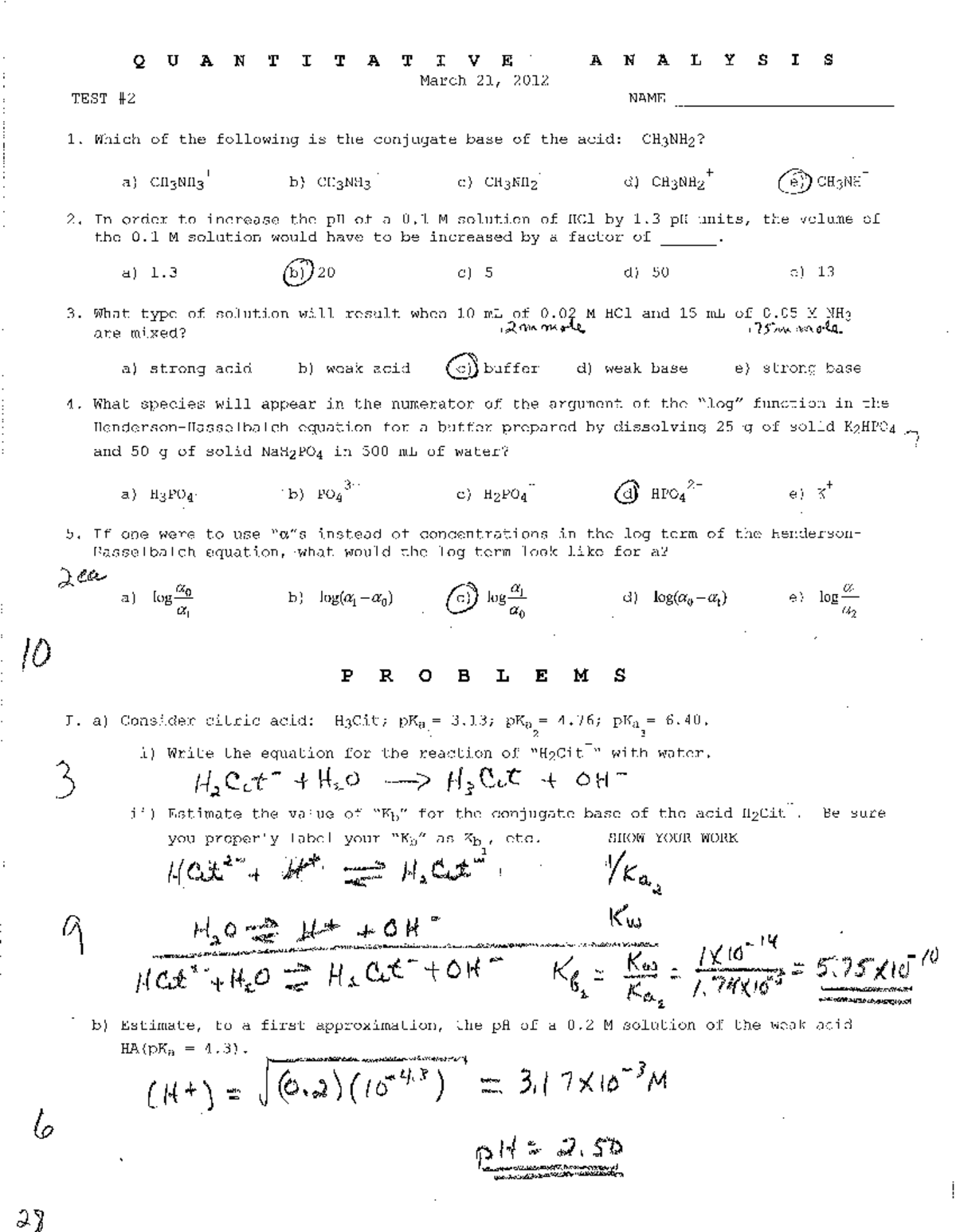 CHEM 2223 TEST 2 KEY spring 2012 - QUANTITATIVE ANALYSIS March 21, 2012 ...