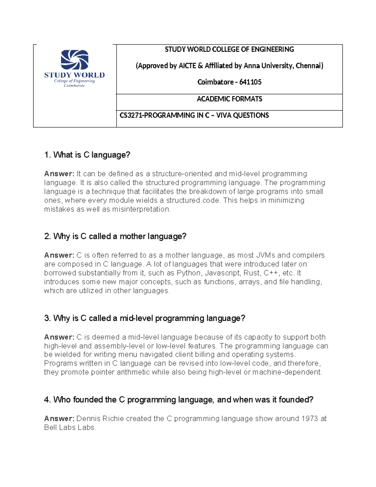 Viva questions c - STUDY WORLD COLLEGE OF ENGINEERING (Approved by ...