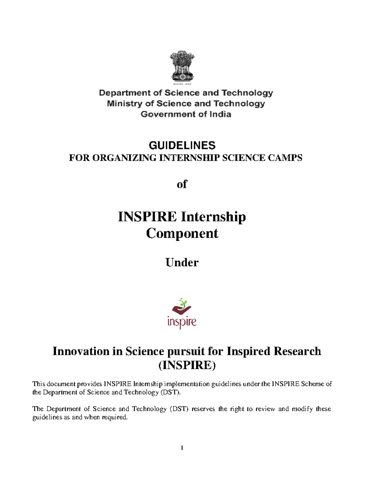 Guidelines Inspire Internship 24112023 - GUIDELINES FOR ORGANIZING INTERNSHIP SCIENCE CAMPS of ...