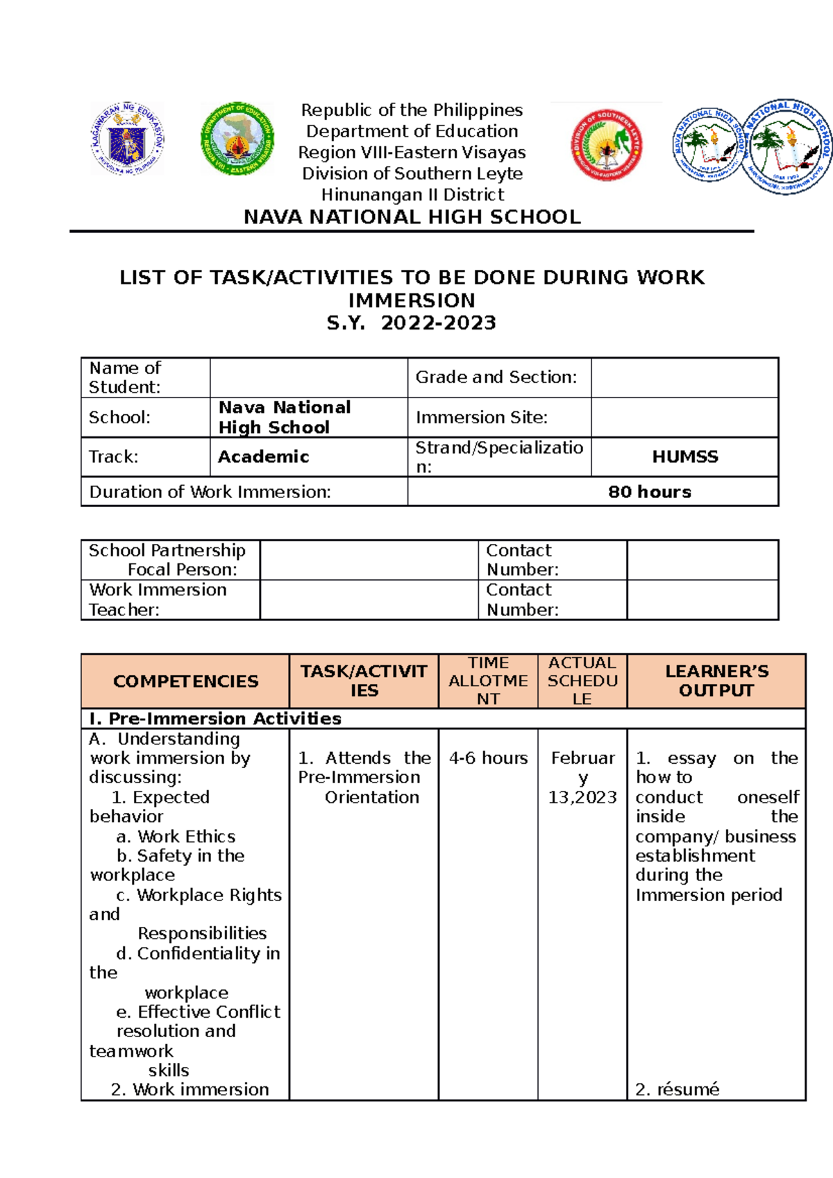 Shs training plan - Republic of the Philippines Department of Education ...