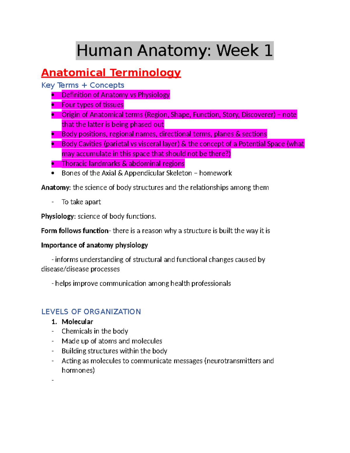 Human Anatomy Week 1 - stuff - Human Anatomy: Week 1 Anatomical ...