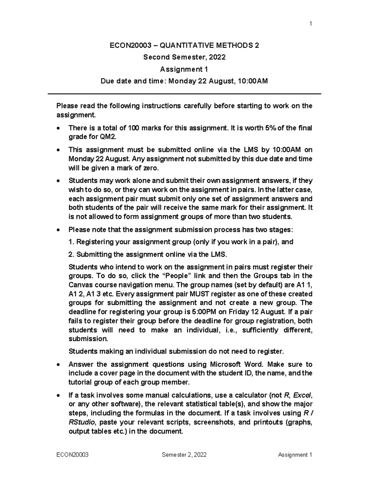 Assignment 1 - instructions - ECON20003 ñ QUANTITATIVE METHODS 2 Second Semester, 2022 ...