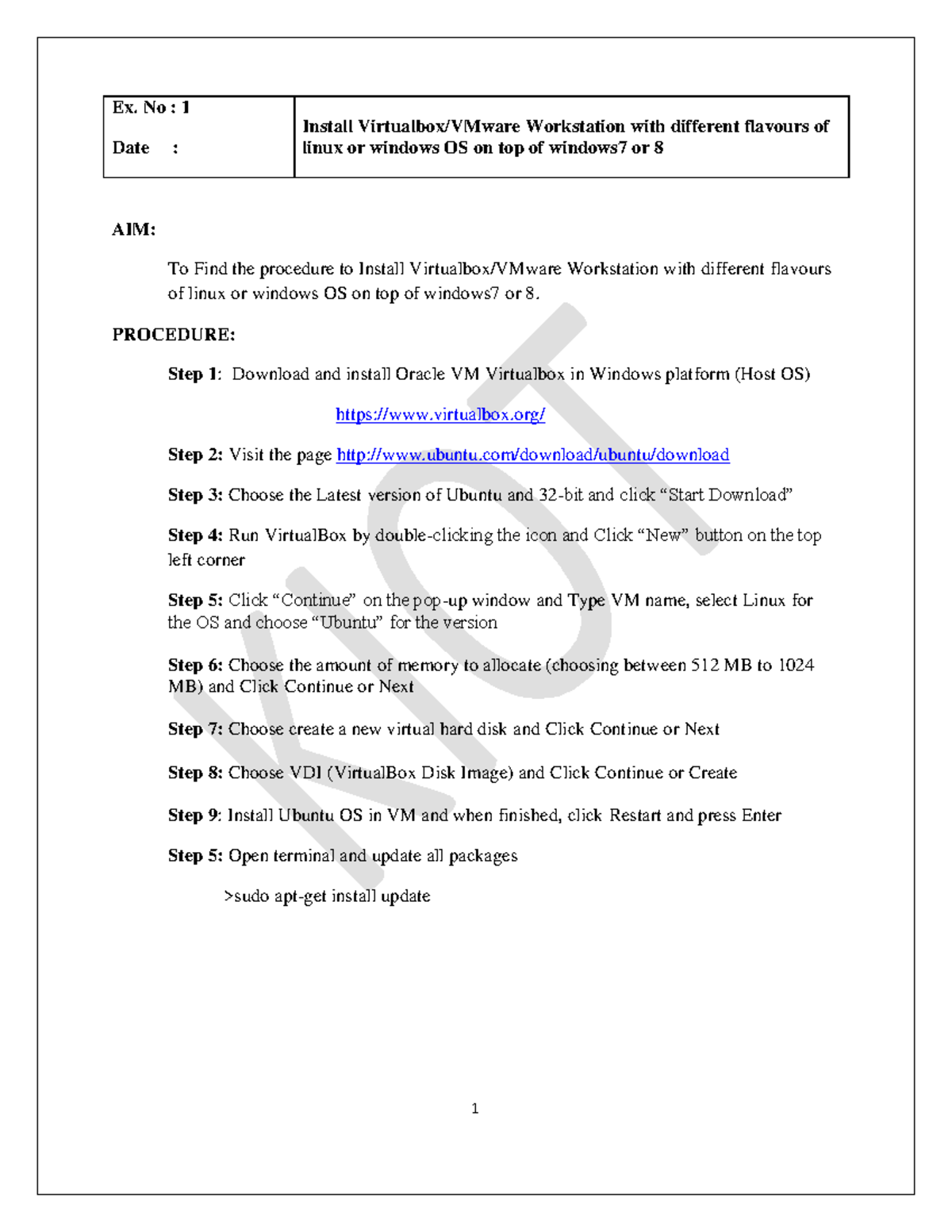 CC LAB record Print-2 - ASXCASCX - Ex. No : 1 Date : Install Virtualbox/VMware Workstation with ...