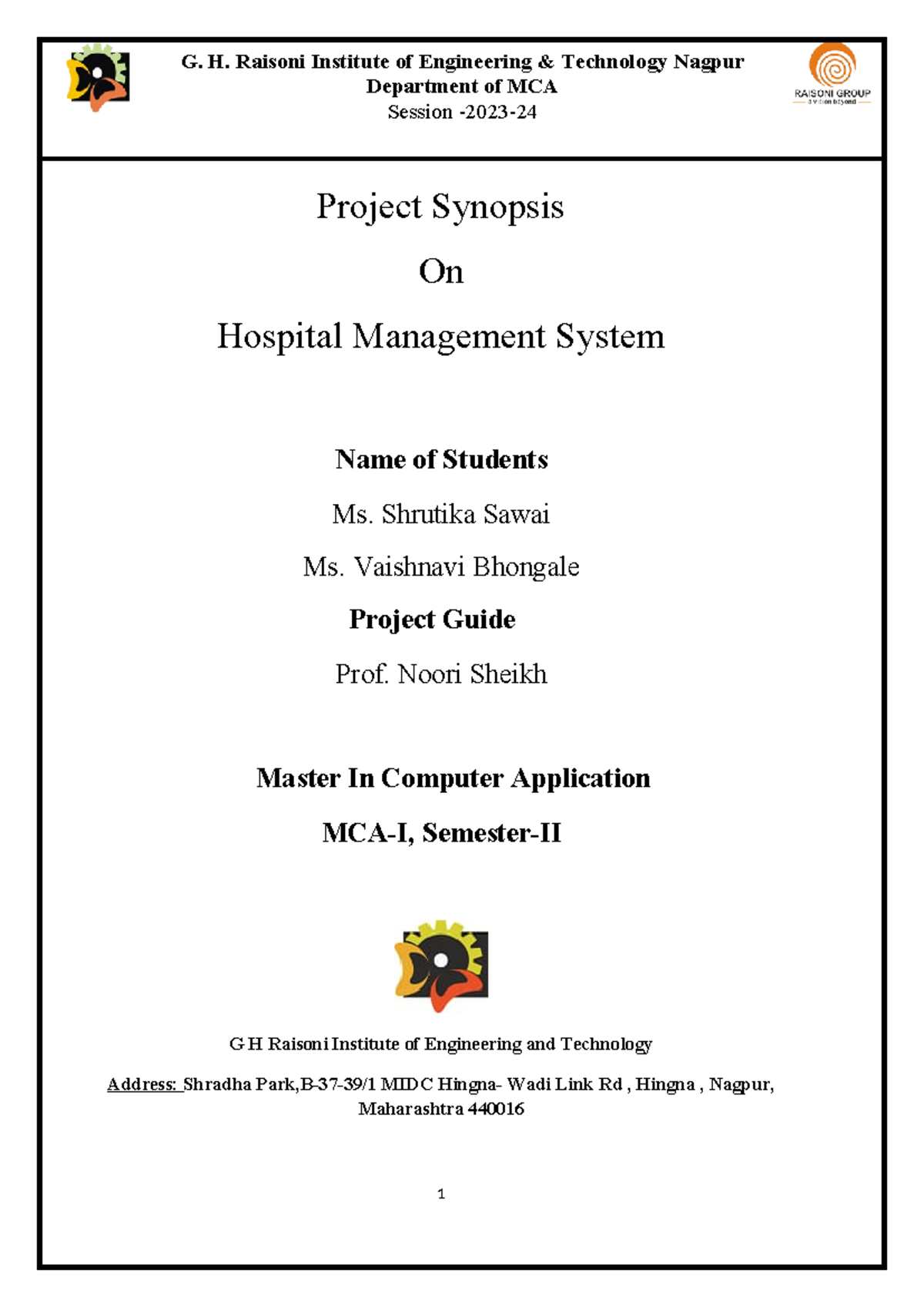 hospital management system project synopsis - Department of MCA Session -2023- Project Synopsis ...