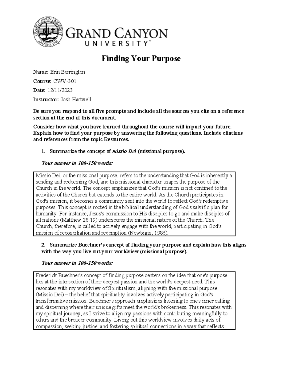 CWV-Finding Your Purpose - Finding Your Purpose Name: Erin Berrington ...