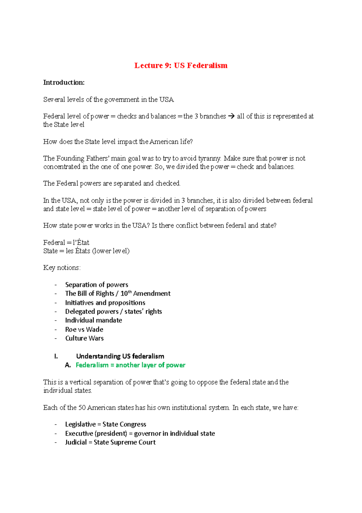 Lecture 9- US Federalism - Lecture 9: US Federalism Introduction ...