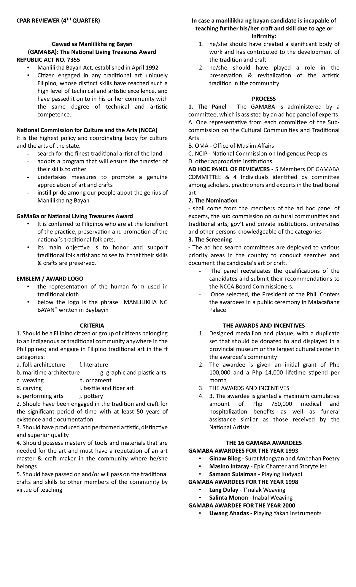 Cpar-reviewer - Reviewer - CPAR REVIEWER (4TH QUARTER) Gawad sa ...