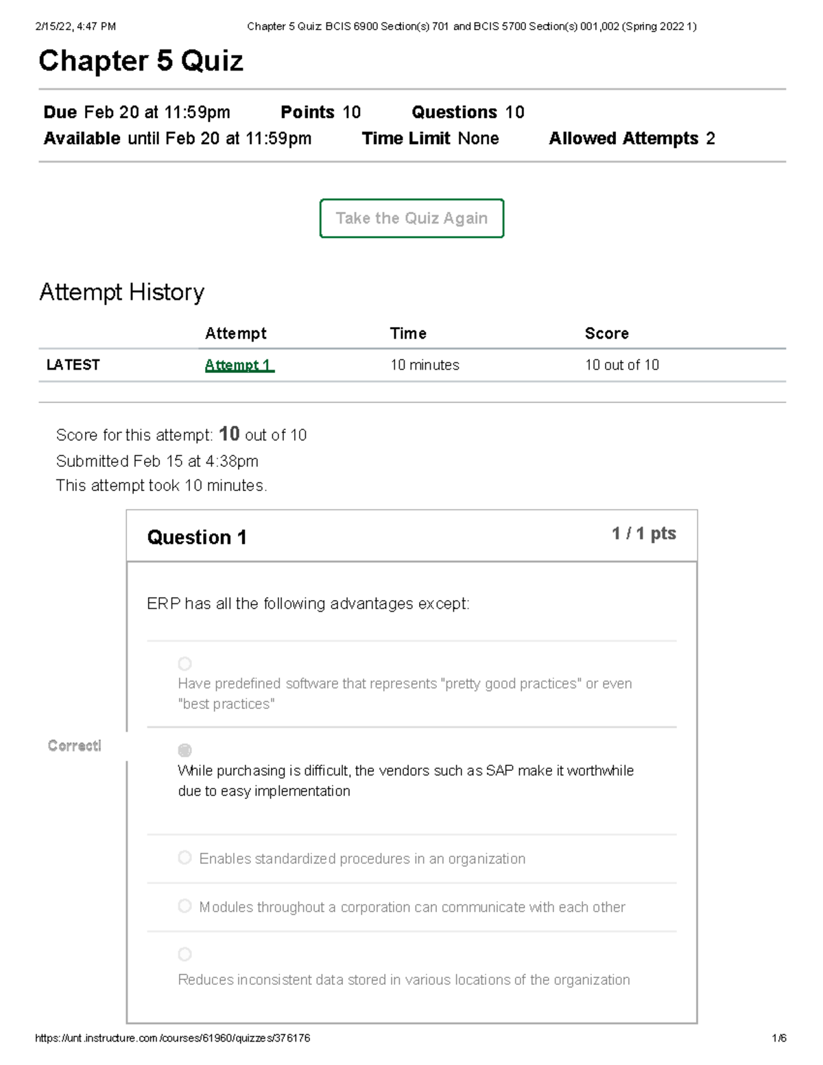 Chapter 5 q1 - quiz - Chapter 5 Quiz Due Feb 20 at 11:59pm Points 10 ...